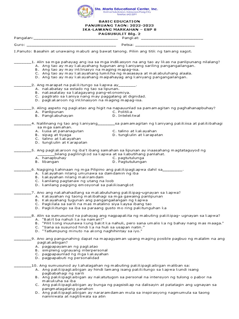 2nd Quarter - ESP 8 QUIZ 2 | PDF