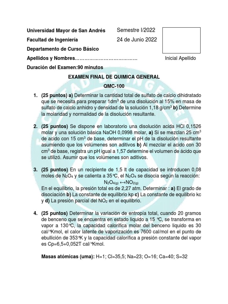 Examenes Finales (QMC-100) - Facultad de Ingenieria UMSA | PDF