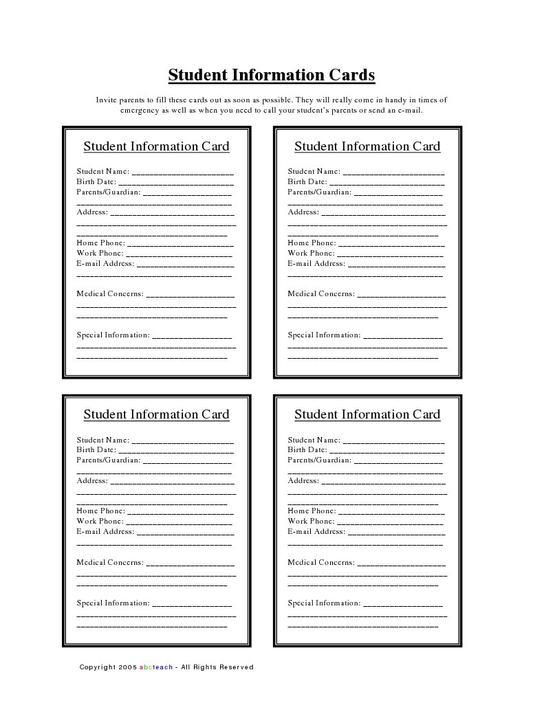 Student Emergency Information Cards | PDF