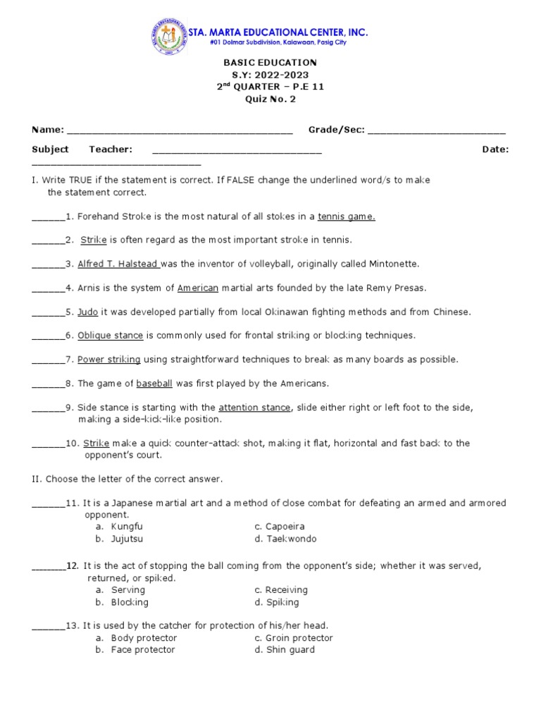 PE Grade 11 2nd Quarter Quiz | PDF