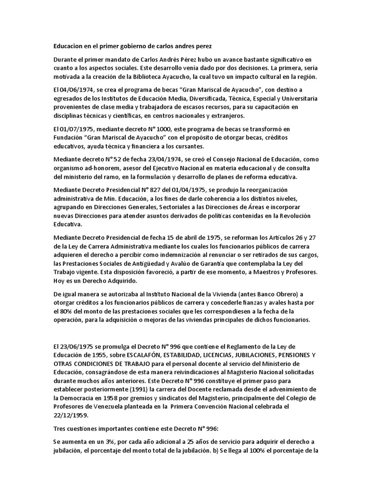 Educacion en El Primer Gobierno de Carlos Andres Perez | PDF Educacion en El Primer Gobierno de Carlos Andres Perez | PDF