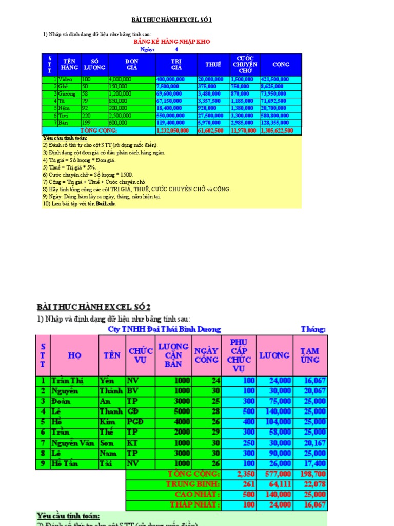Cac Bai Tap Excel Tu Co Ban Toi Nang Cao1 | PDF