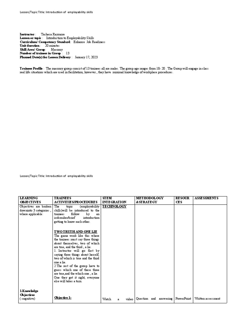 Employability Skills Lesson Plan | PDF Employability Skills Lesson Plan | PDF