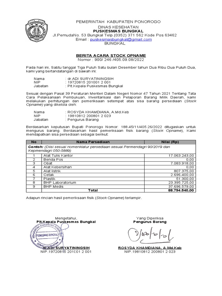 PKM BUNGKAL - BA Stock Opname Persediaan 2022 | PDF