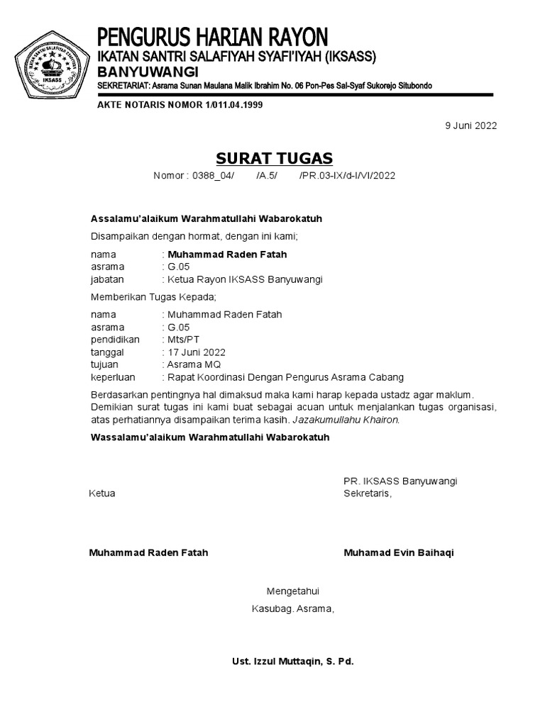 SURAT TUGAS ORGANISASI PESANTREN | PDF