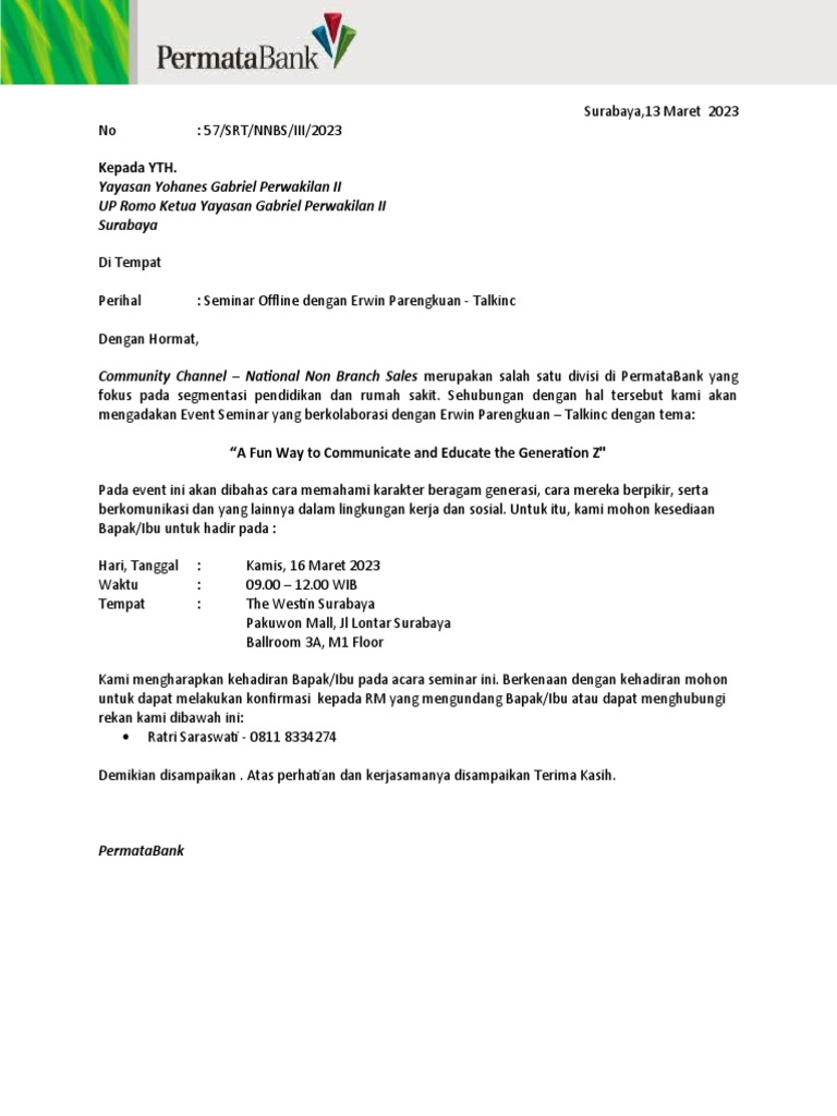 Surat Undangan Event Seminar - Yohanes Gabriel | PDF