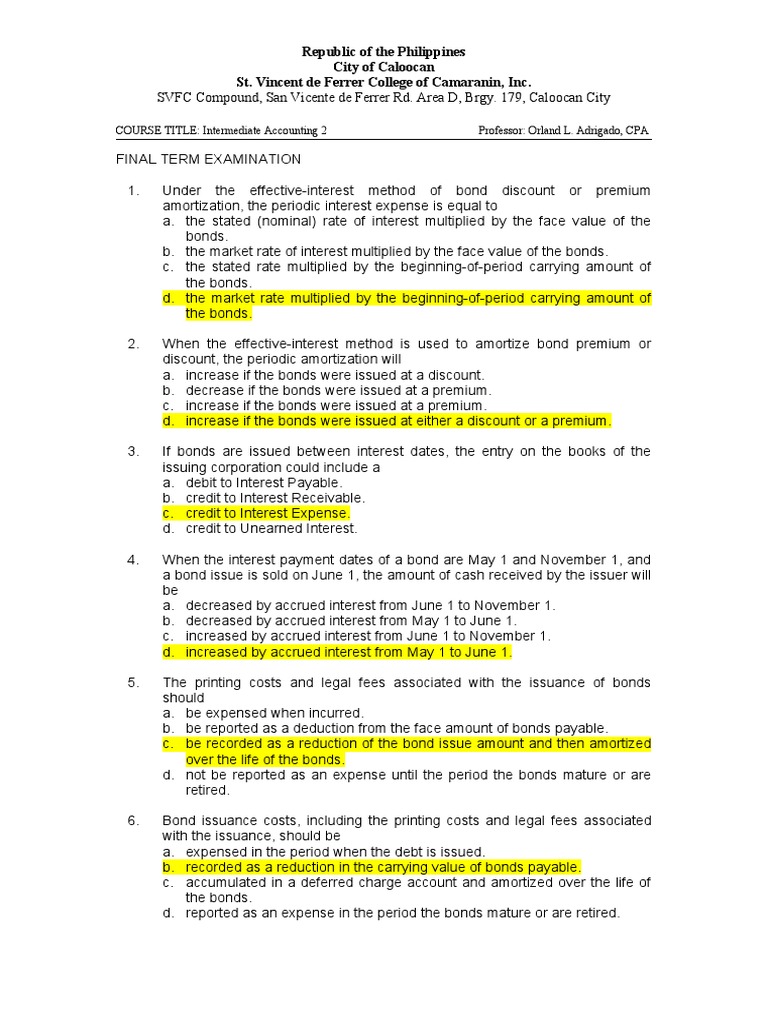 Final Term Examination. Intermediate Accounting | PDF