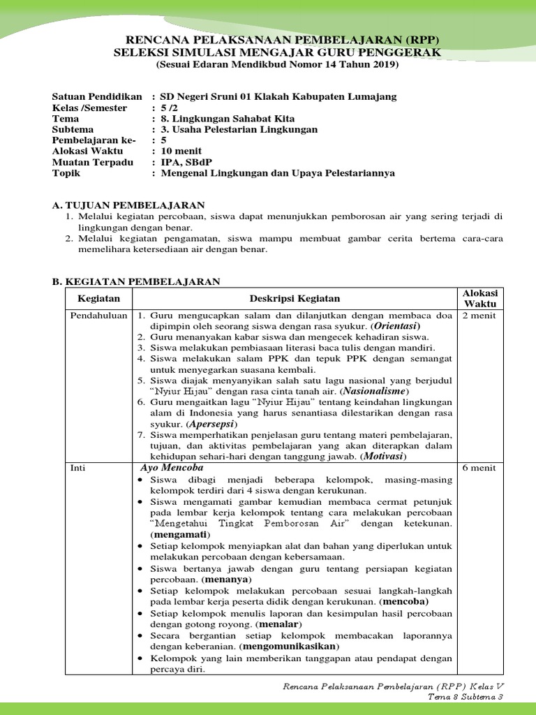 RPP Tema 8 Subtema 3 Pembelajaran 5 Kelas 5 SD | PDF