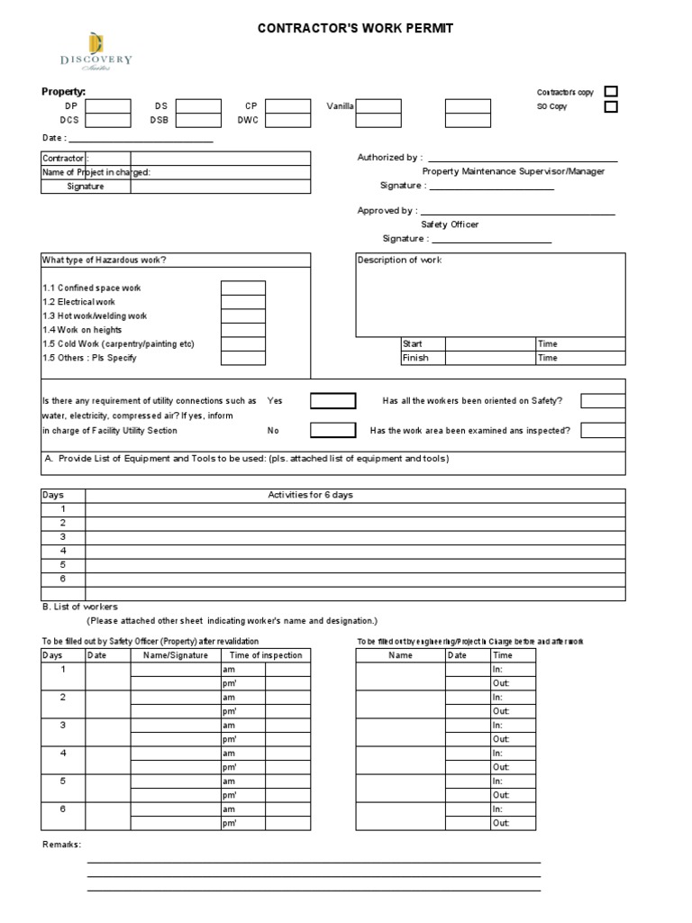 Contractor Work Permit Form | PDF