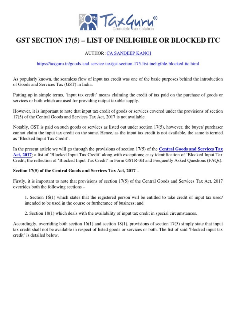 GST Section 17(5): Blocked ITC List | PDF