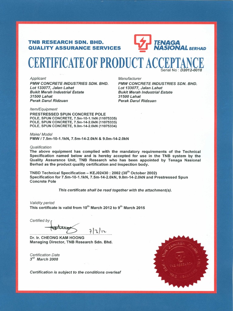 SGP Certificate 2012 7.5M & 9.0M PDF | PDF