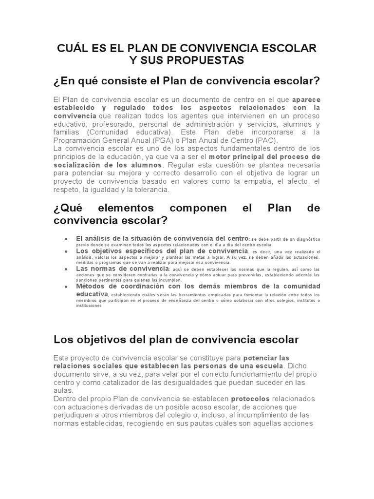 Plan de Convivencia Escolar y Sus Propuestas | PDF | Sicología | Abuso infantil