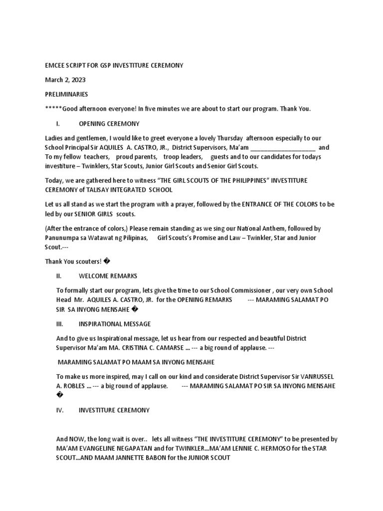 GSP Investiture Ceremony Emcee Script | PDF