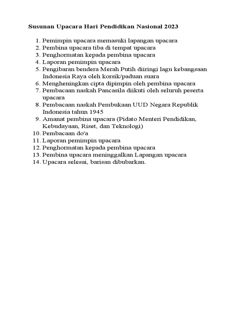 Susunan Upacara Hari Pendidikan Nasional 2023 | PDF