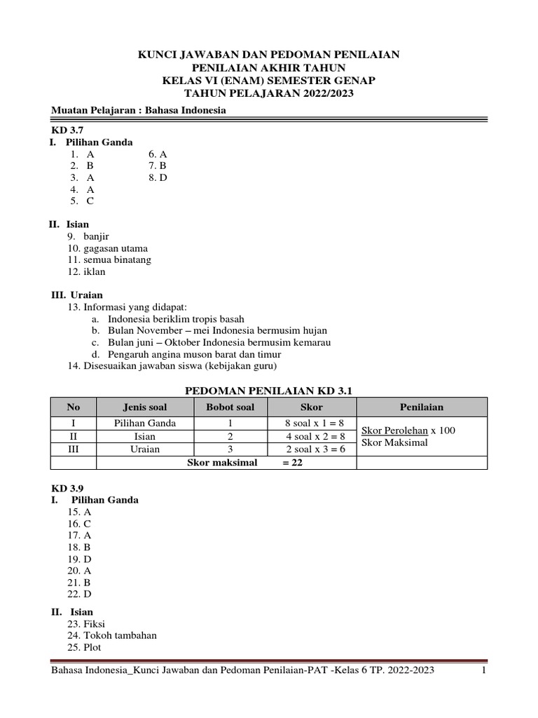 B. Indonesia - Kelas 6 - Kunci Jawaban - Pat - Genap 2022-2023 | PDF