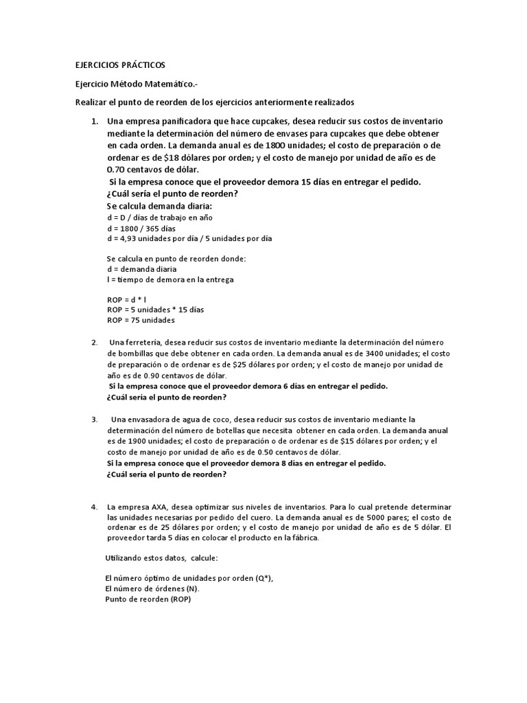 EJERCICIOS PRÁCTICOS - MODELOS DE INVENTARIOS BÁSICOS EOQ - PUNTO DE REORDEN | PDF | Inventario ...