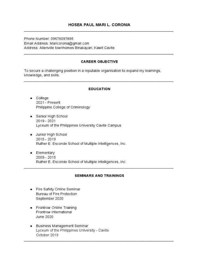 Hosea Paul Mari L. Coronia Resume | PDF | Behavior Modification | Cognitive Science