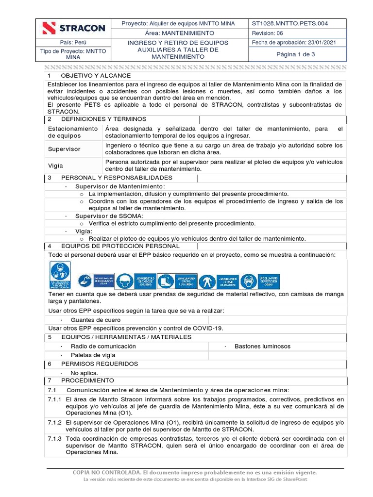 ST1028.MNTTO - PETS.004 Ingreso y Retiro de Equipos Auxiliares A Taller de Mantenimiento | PDF