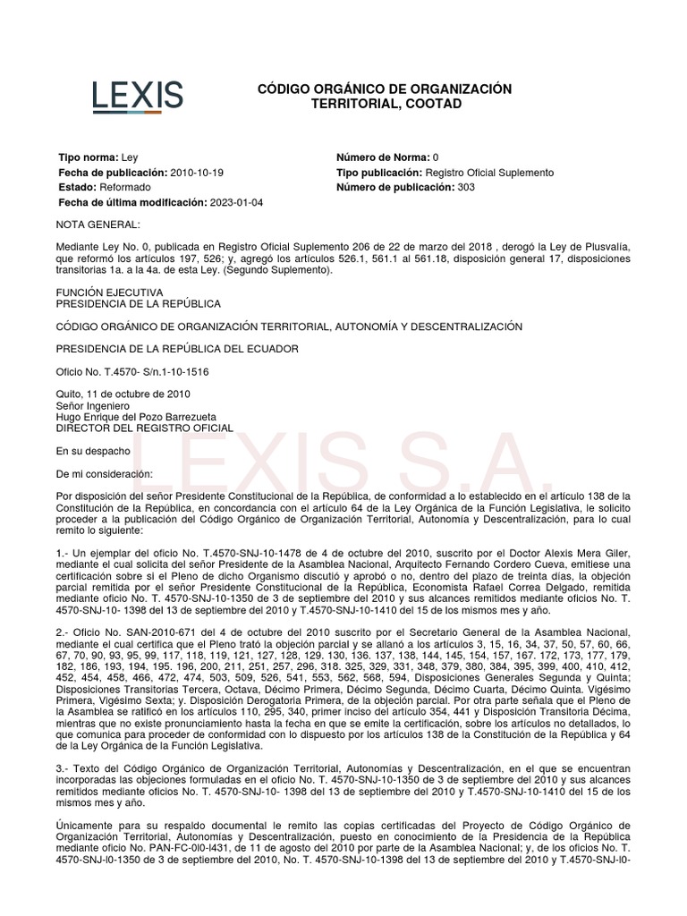 Código Orgánico de Organizacion Territorial - COOTAD.pdf | PDF