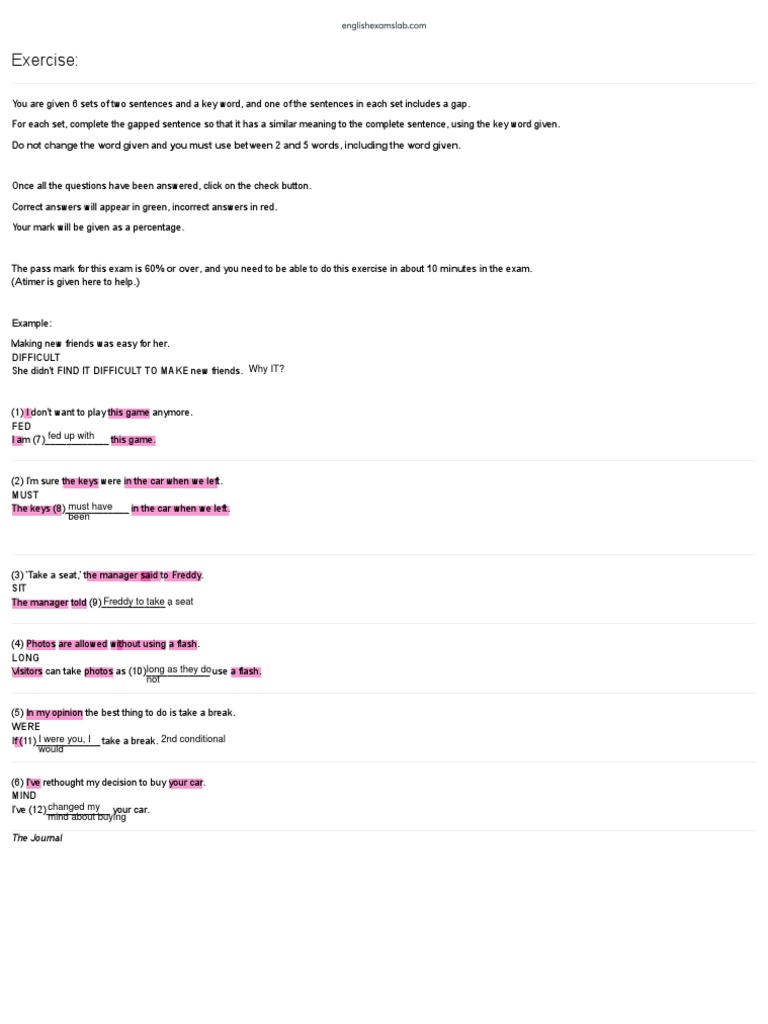 FCE Key-Word Transformation 3 - With Answers | PDF