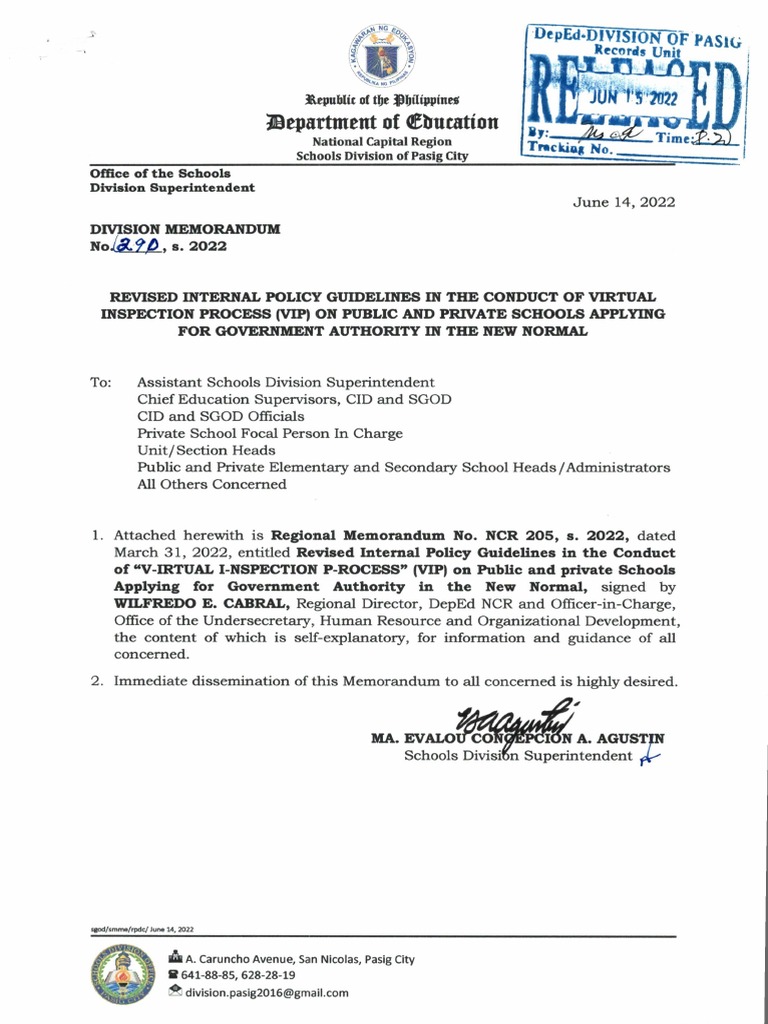 DM No.290 S.2022 Revised Internal Policy Guidelines in The Conduct of ...