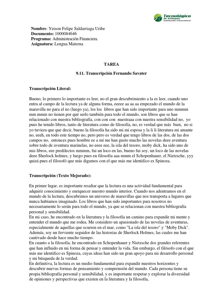 9.11. Transcripción Fernando Savater (Yeison Saldarriaga) PDF | PDF