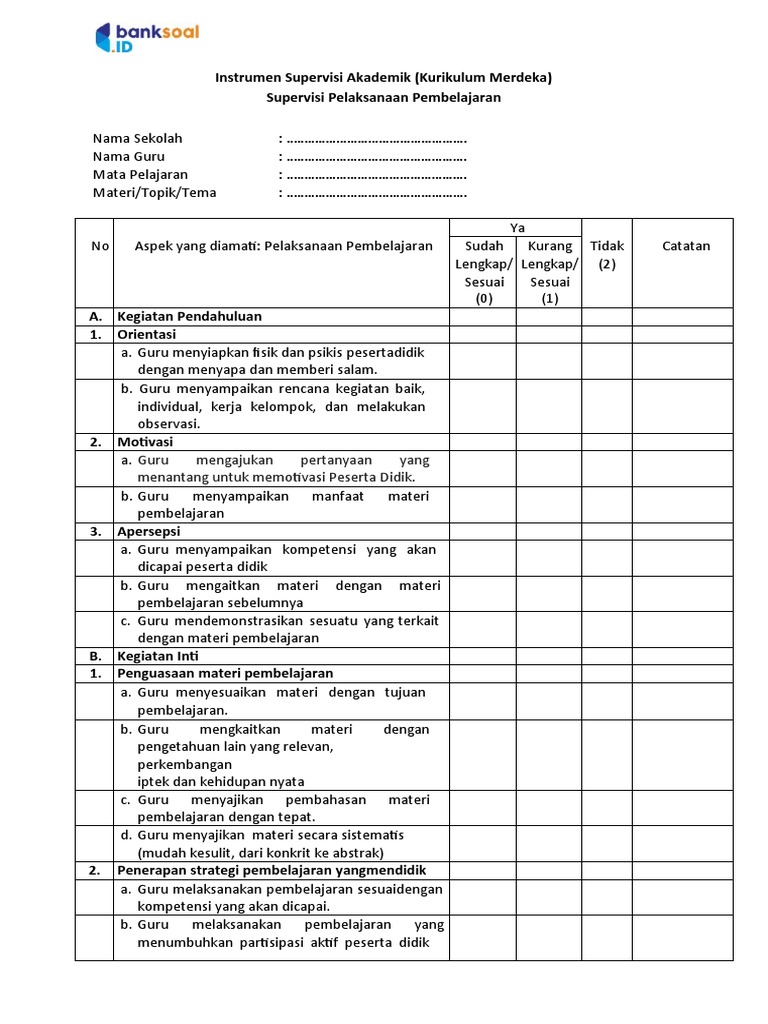 Instrumen Supervisi Pelaksanaan Pembelajaran | PDF