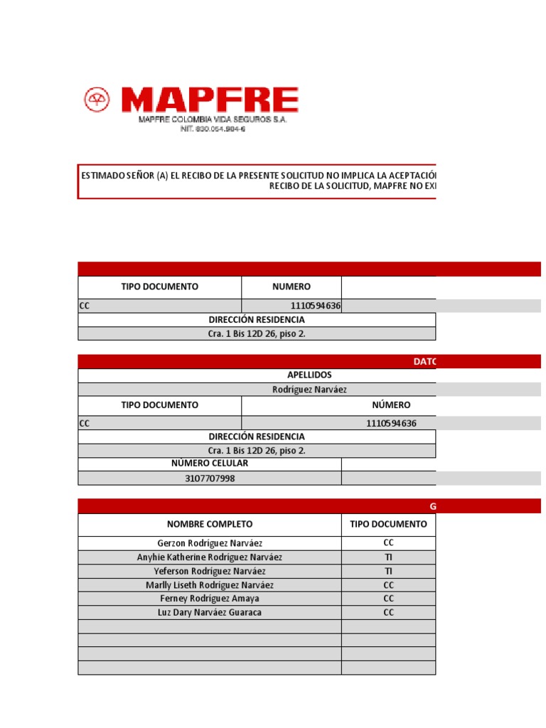 SOLICITUD EXEQUIAS COLECTIVO MAPFRE VIDA FORMATO MANUAL (Filled & Signed).xlsx | PDF