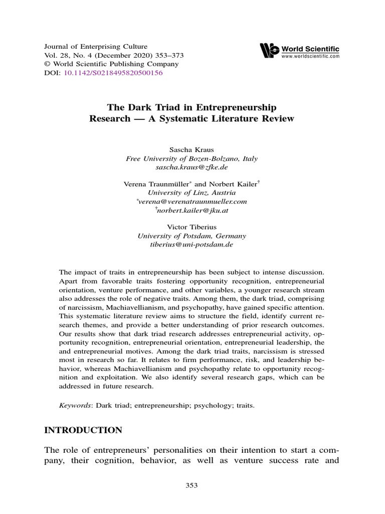 The Dark Triad in Entrepreneurship PDF | PDF