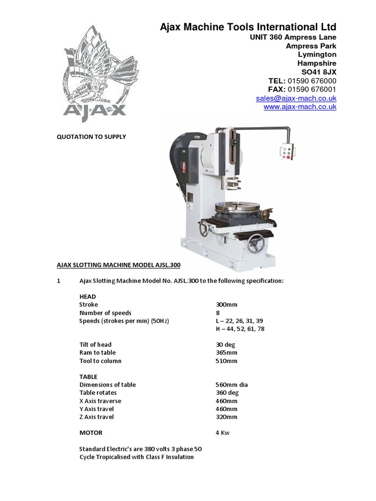 Ajax AJSL.300 Slotting Machine Specs | PDF | Electricity | Machines