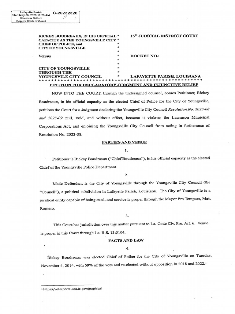 Boudreaux - Stamp-Filed Copy of Petition For Declaratory Judgment & Injunctive Relief | PDF