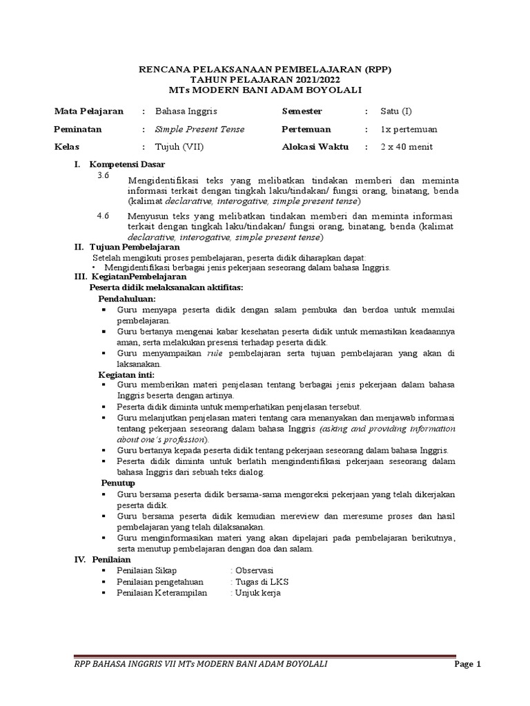 RPP 1 LEMBAR Kelas 7 Semester 2 (Simplepresent) | PDF