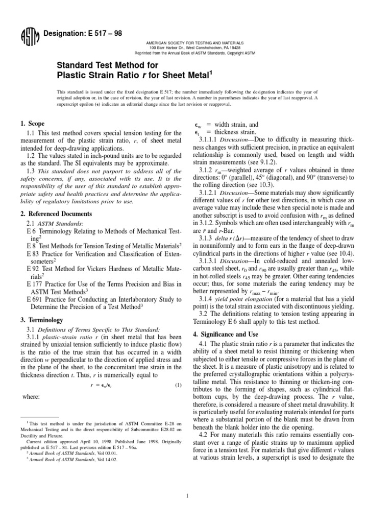 Plastic Strain Ratio: Standard Test Method For For Sheet Metal | PDF ...
