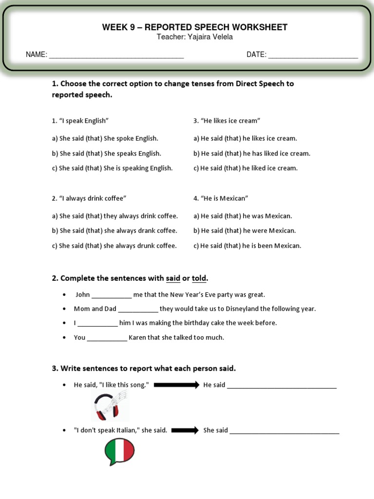 9 Reported Speech Worksheet PDF | PDF