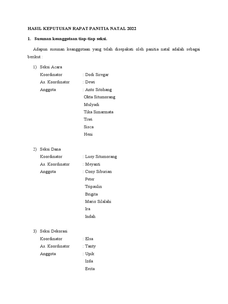 Hasil Keputusan Rapat Panitia Natal 2022 | PDF