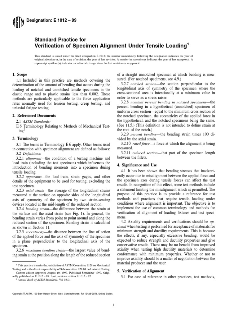 Verification of Specimen Alignment Under Tensile Loading: Standard Practice For | PDF