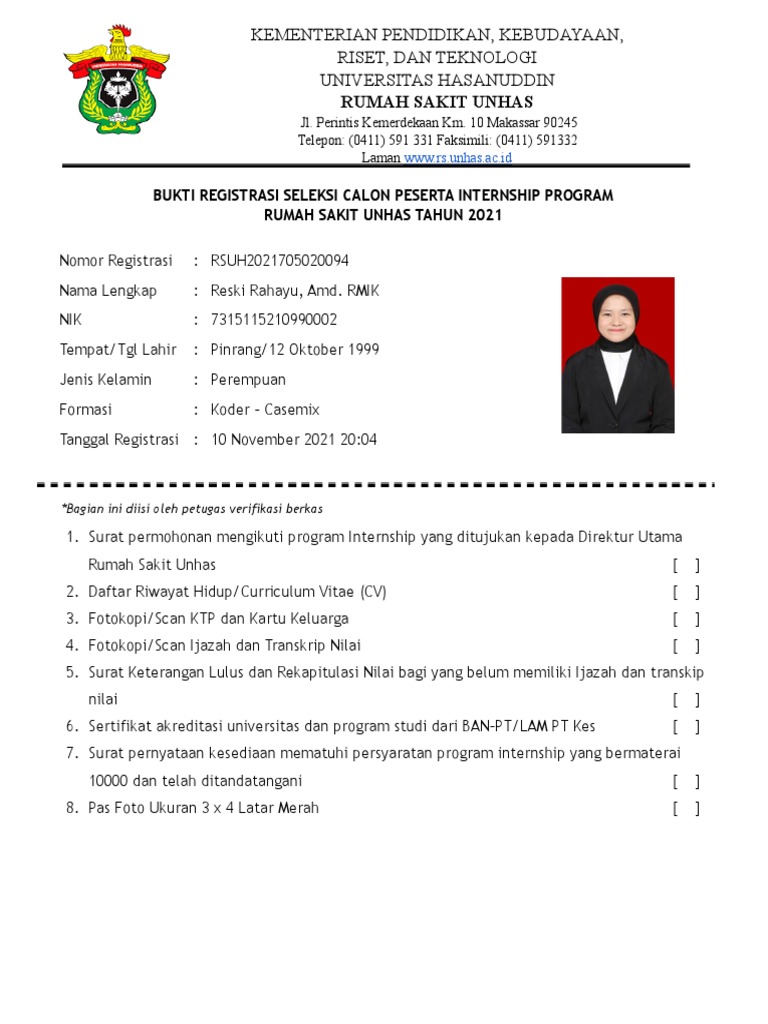 Bukti Registrasi - RSUH2021705020094 - Reski Rahayu, Amd. RMIK PDF | PDF