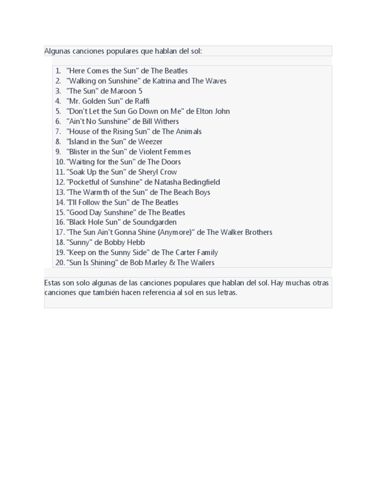 Canciones Que Hablan Del Sol | PDF