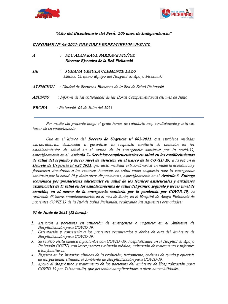 INFORME DE HORAS COMPLEMENTARIAS Junio | PDF | Hospital | Comorbilidad