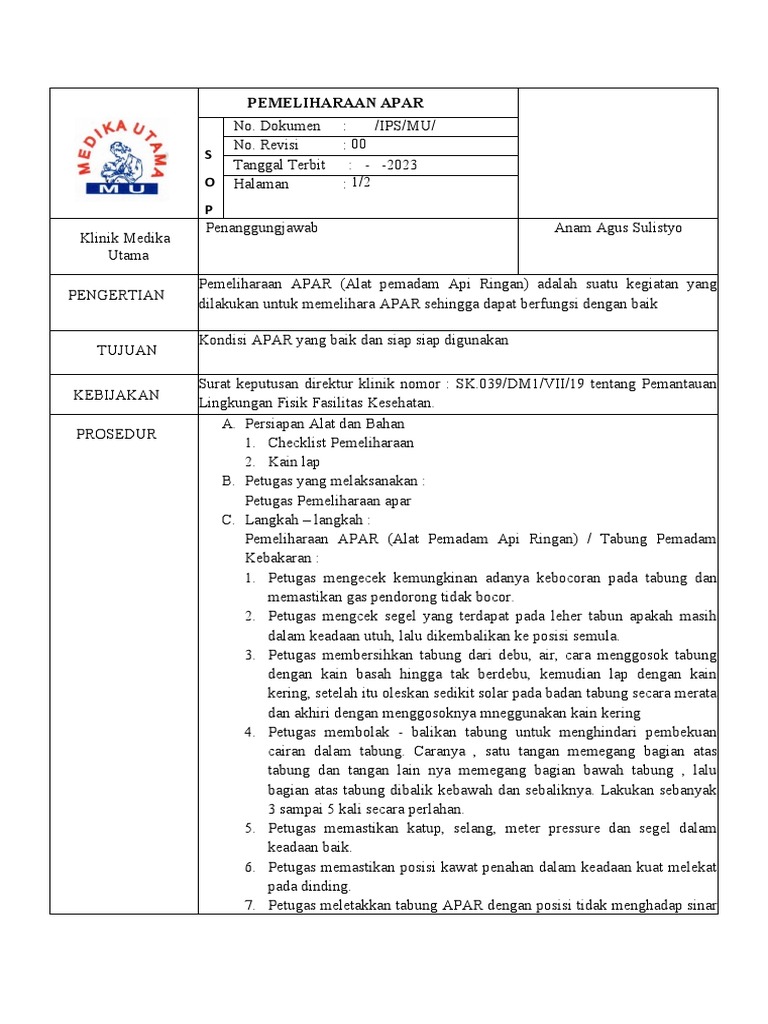 SOP PEMELIHARAAN APAR.docx | PDF