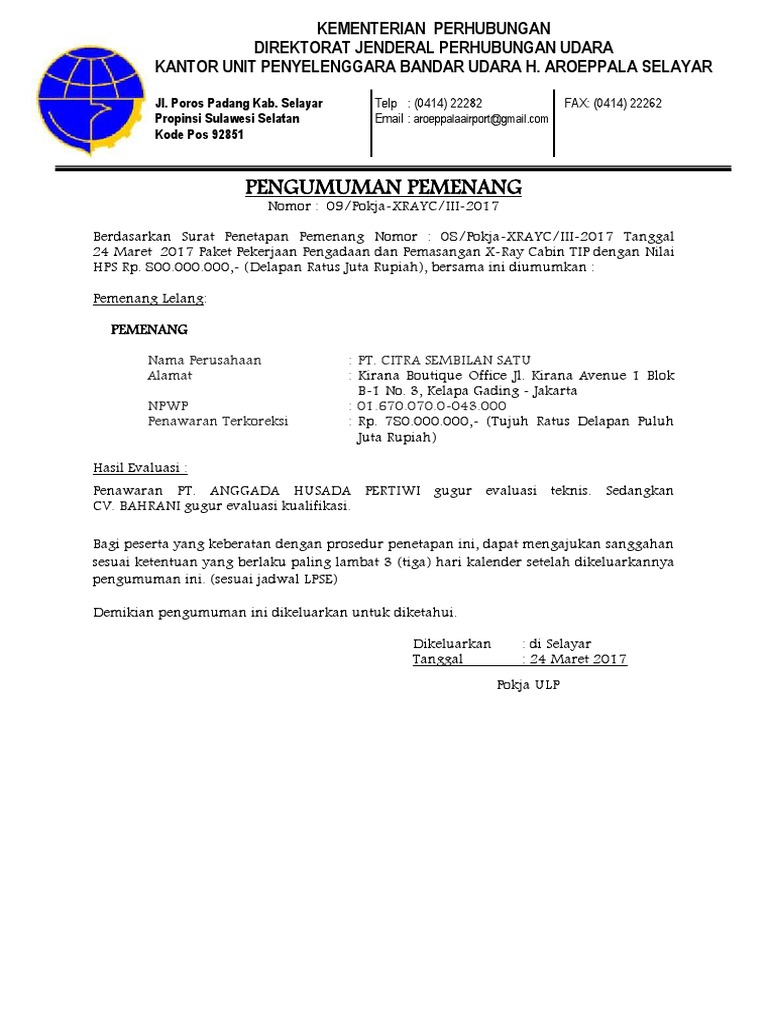 Pemenang Lelang X-Ray Cabin TIP 2017 | PDF