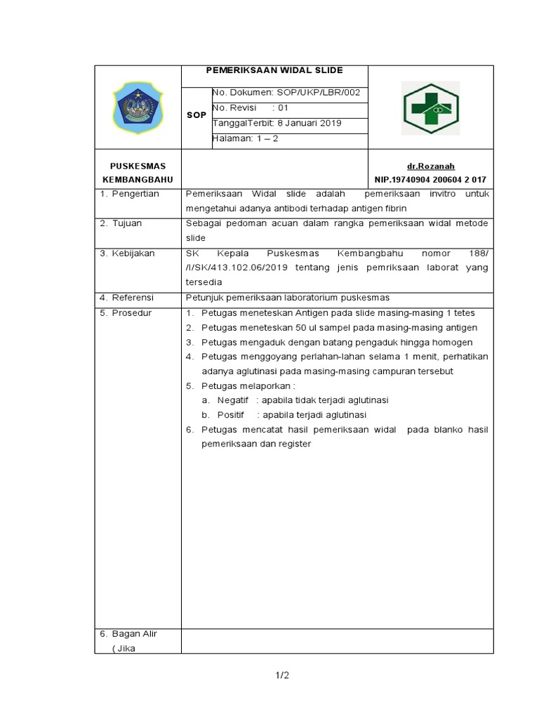 Prosedur Pemeriksaan Widal Slide | PDF