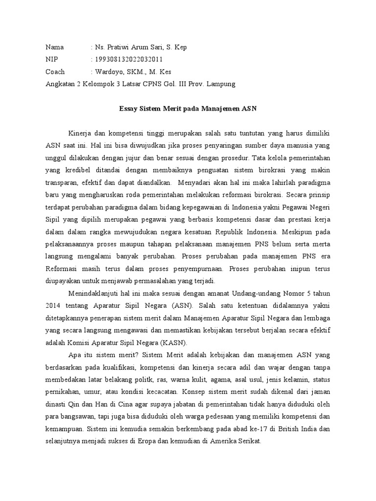 Tugas 2 Manajemen ASN Essay Sistem Merit - Ns. Pratiwi Arum Sari, S. Kep | PDF
