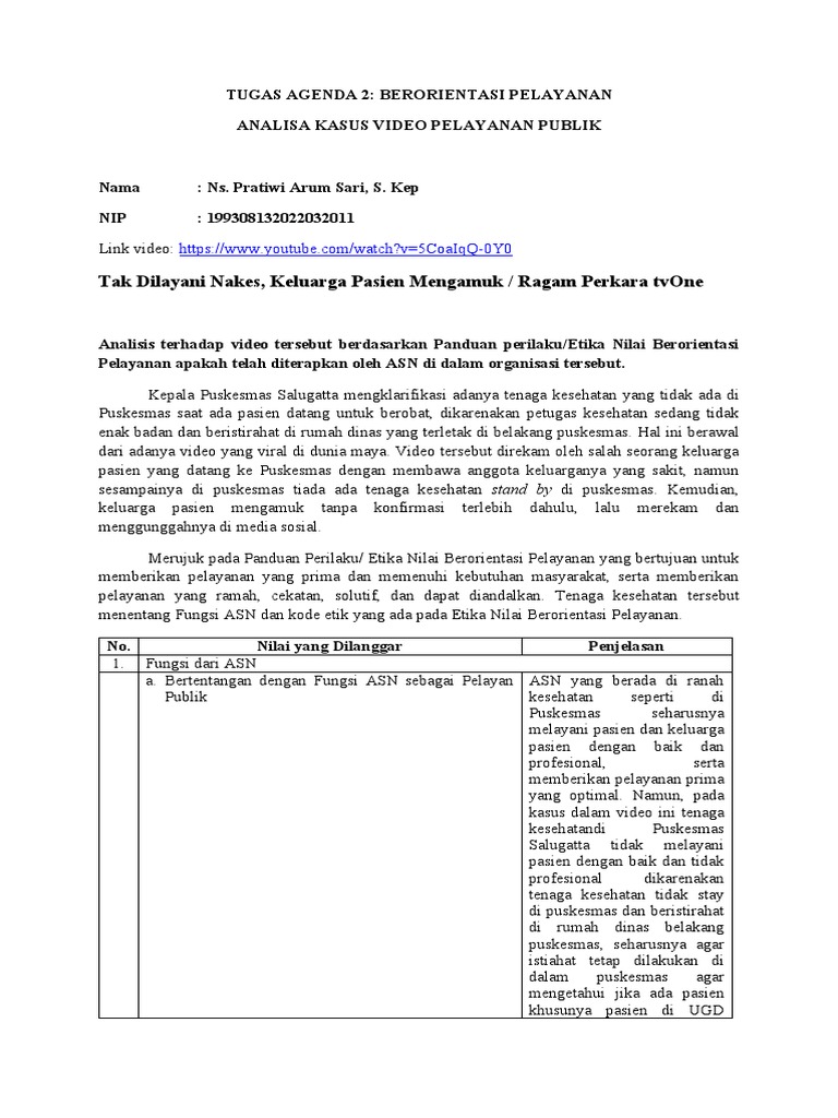 Tugas Analisa Video Pelayanan Publik - Ns. Pratiwi Arum Sari, S. Kep | PDF