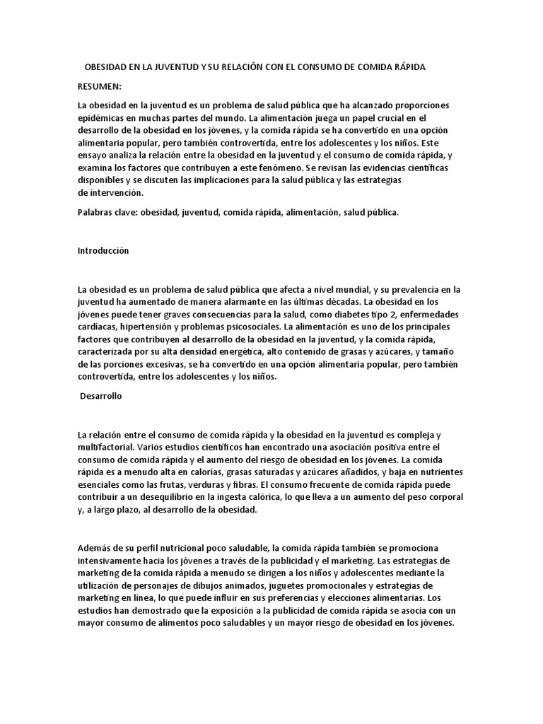 Obesidad en La Juventud y Su Relación Con El Consumo de Comida Rápida ...