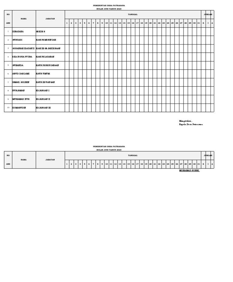 Format Absensi Satu Bulan 1 | PDF