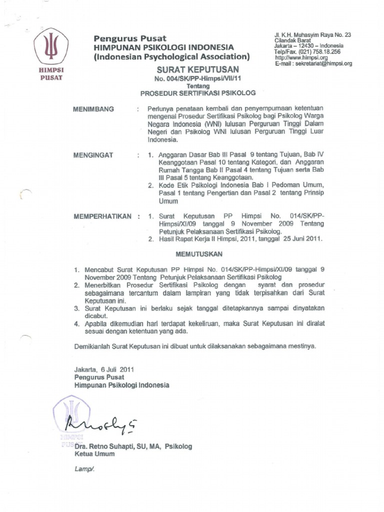 004 - SK Prosedur Sertifikasi Psikolog PDF | PDF