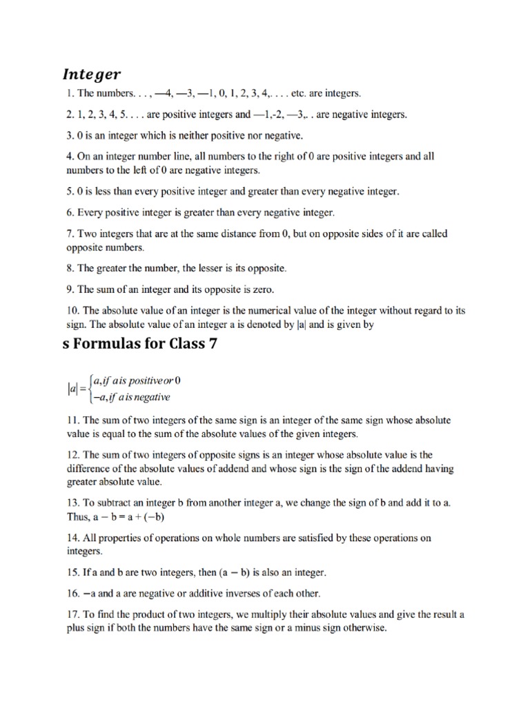 Integers Formulas For Class 7 PDF | PDF