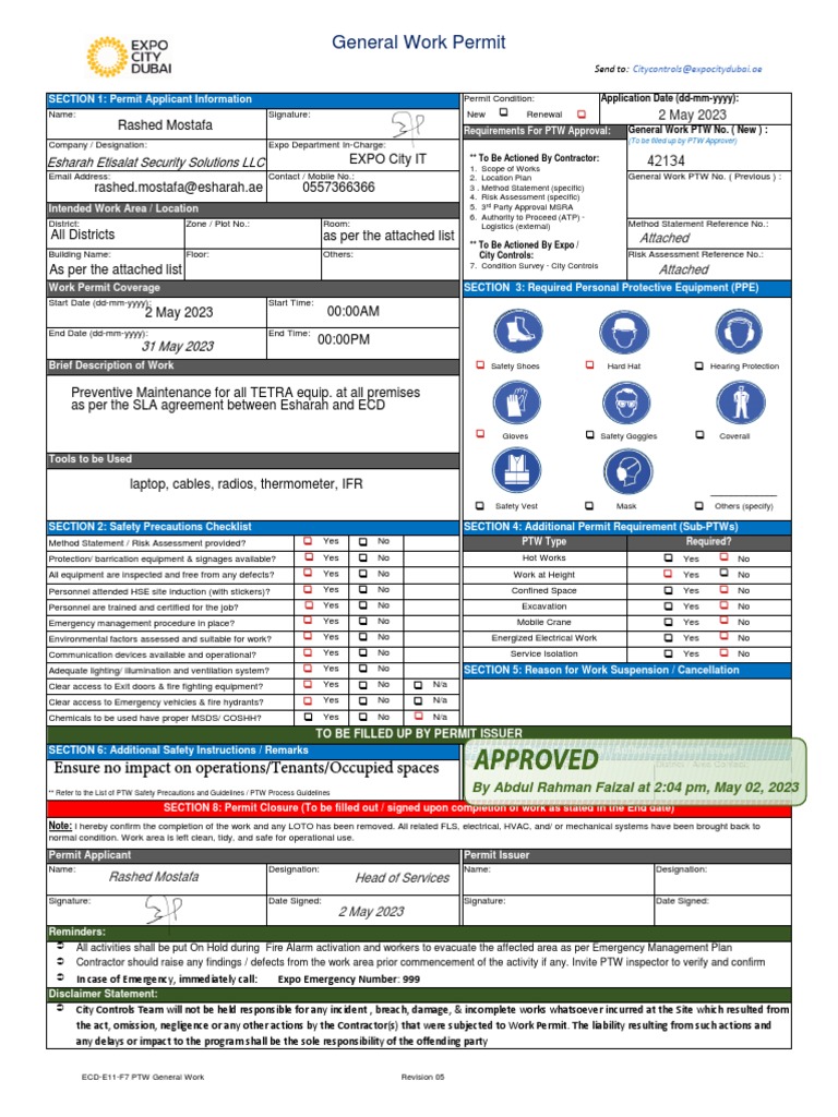 General Work Permit: Ensure No Impact On operations/Tenants/Occupied ...