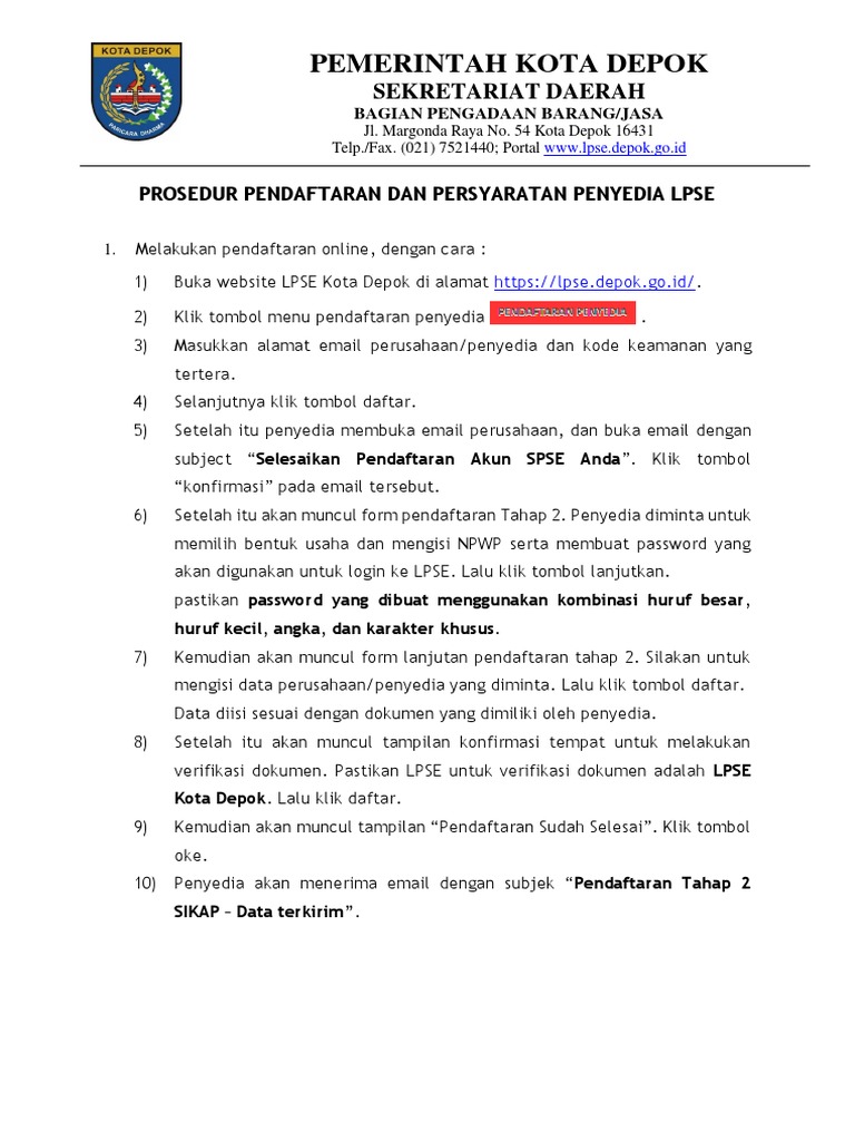Prosedur pendaftaran penyedia LPSE Depok.pdf | PDF